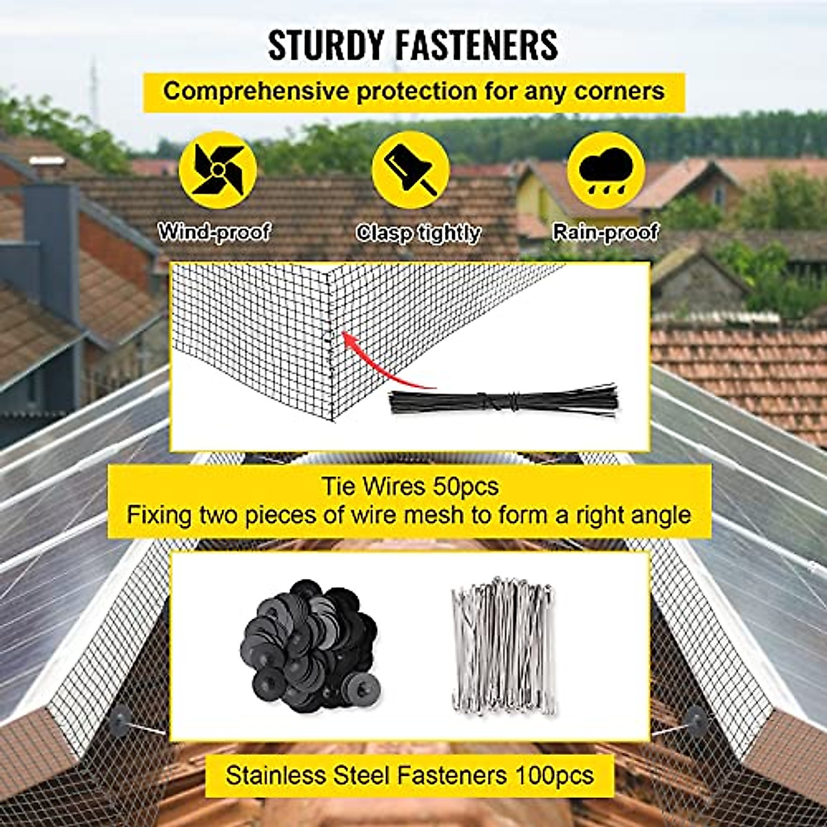 VEVOR Solar Panel Bird Guard 6inch PVC Coated Mesh Roll Kit, Critter Fence,Pigeon Proofing, Black, 6in x 98ft with 100pcs Fasteners, 50pcs Tie Wires