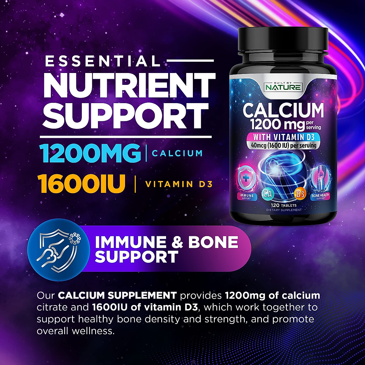 Calcium 1200mg with Vitamin D3 for Best Absorption - Advanced Bone Support Supplement, 1200 mg Calcium Carbonate & 1600 IU Vitamin D3, Slow Release for Immune Support, Easy to Swallow, 120 Tablets
