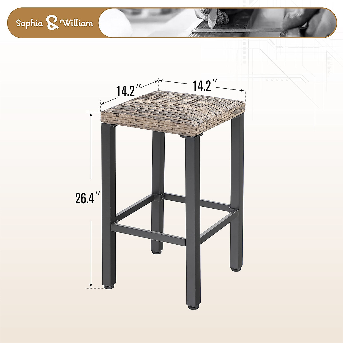 Sophia & William Outdoor Patio Bar Stools Set of 4, Counter Height Backless Rattan Wicker Bar Chairs with Adjustable Feet Mats, Patio Furniture with Metal Frame for Patio Kitchen Dining, 26.4" H