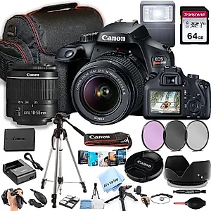 Canon Rebel T100 / EOS 4000D DSLR Camera w/EF-S 18-55mm F/3.5-5.6 Zoom Lens + 64GB Memory, Filters,Case, Tripod, Flash, and More (34pc Bundle)