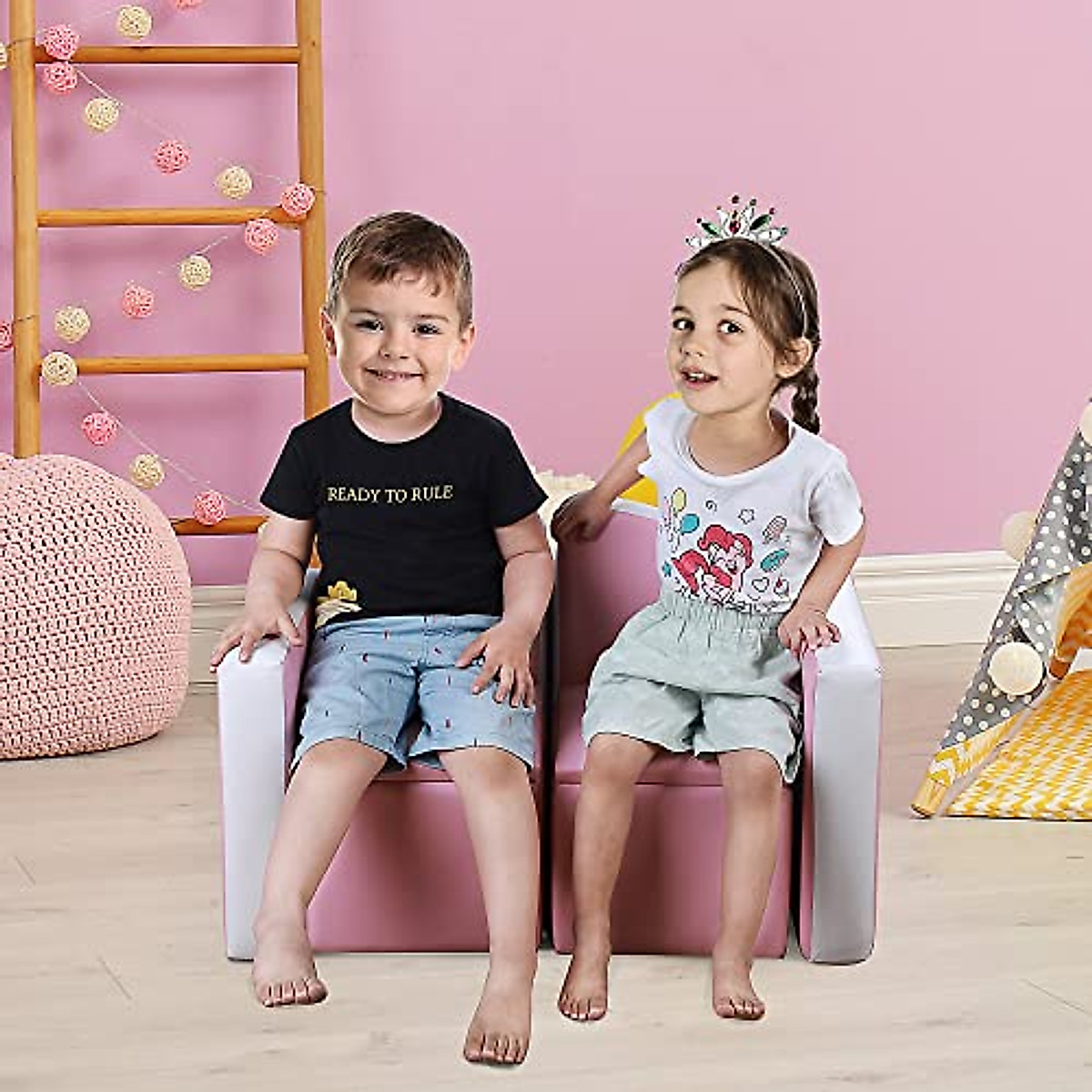 Qaba Kids Sofa Set 2-in-1 Multi-Functional Toddler Table Chair Set 2 Seat Couch Storage Box Soft Sturdy Pink