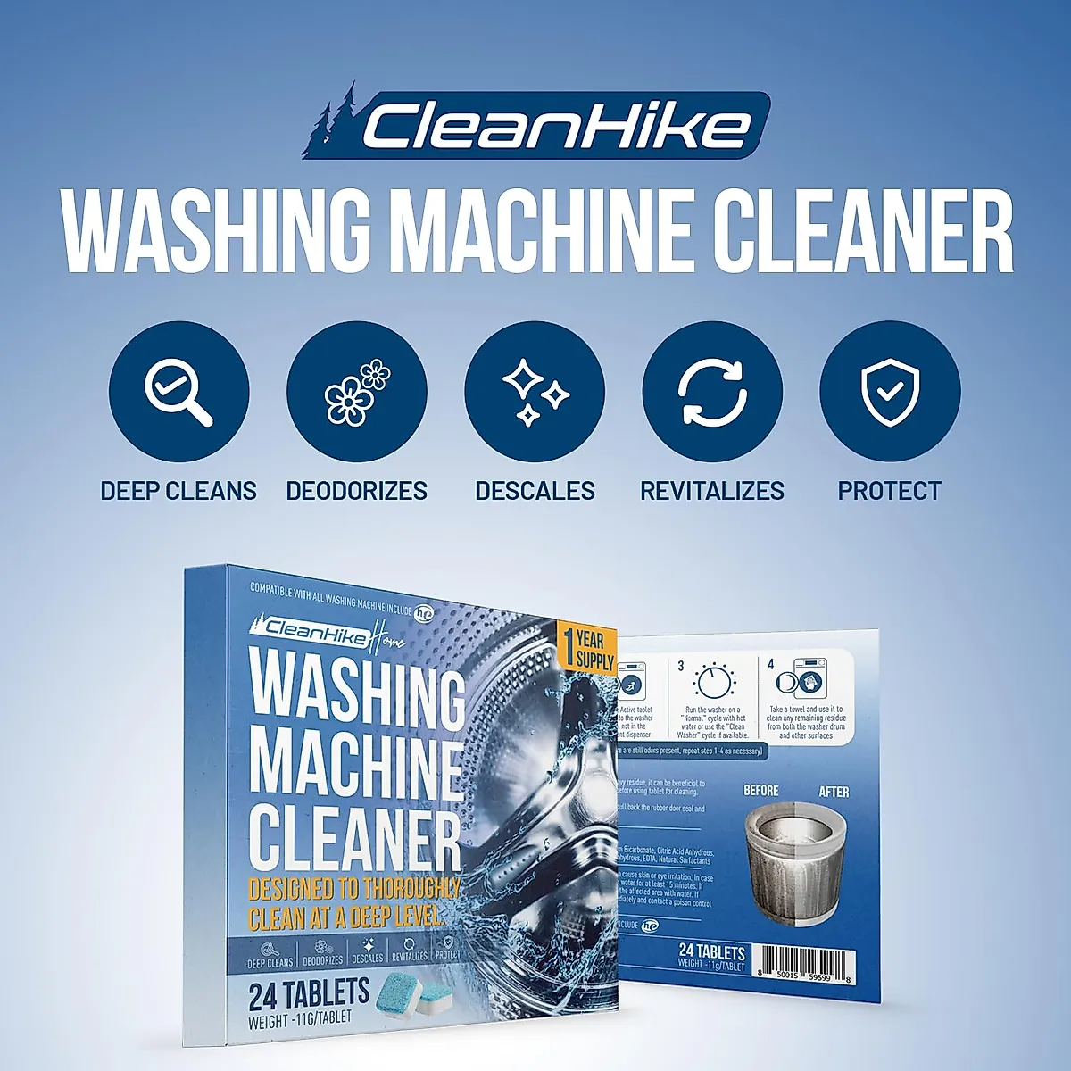 Washing Machine Cleaner Descaler Tablets - Deep Cleaning Tablets for HE Front & Top Loader Washer, Remove Ordor Grime Buildup Residue Eliminator (24 Pack, 2, Count)