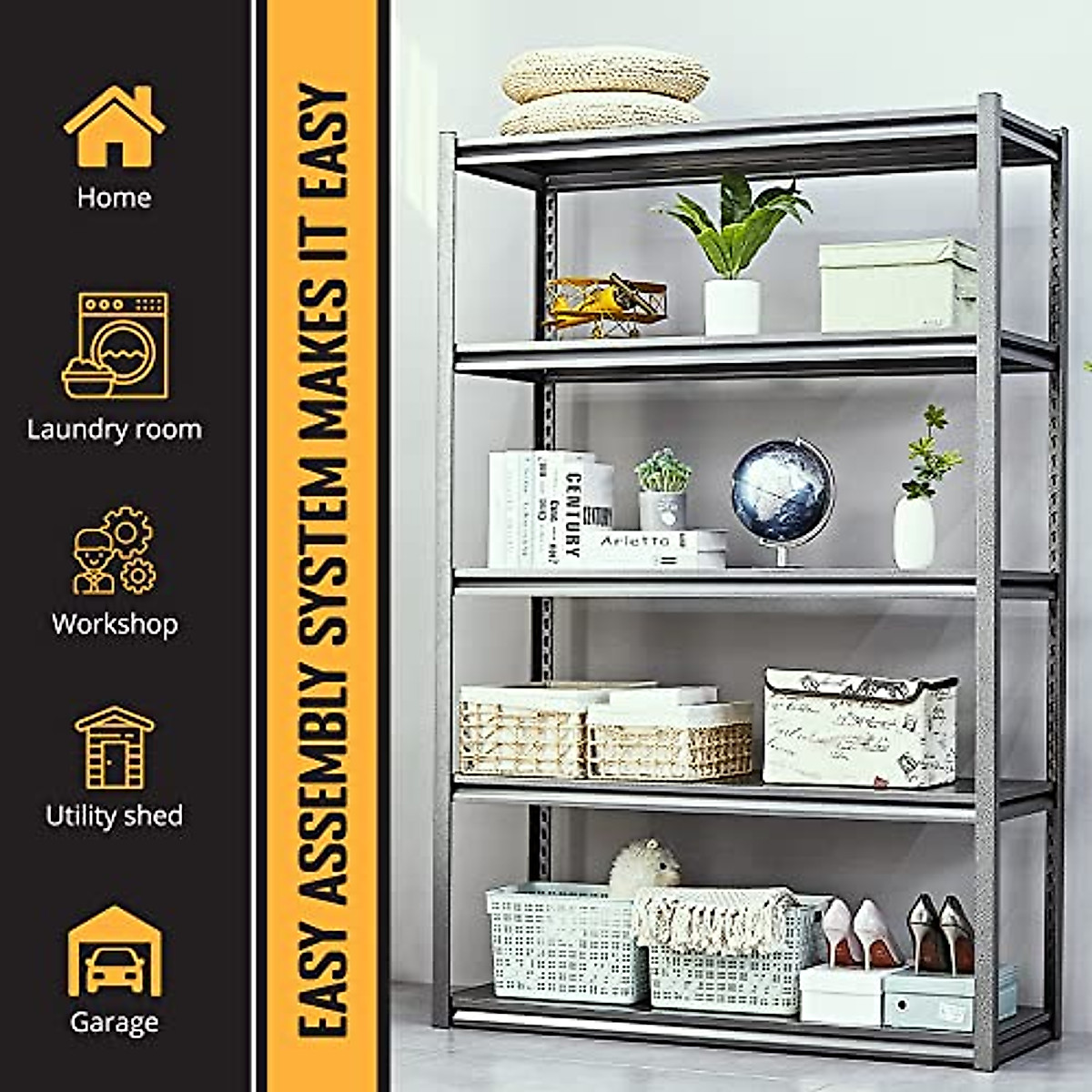 Rigma 5 Tier Garage Shelf, Heavy Duty Steel Shelving Unit, Adjustable Metal Multi-use Storage Rack, Shelves for Garage Kitchen Office Warehouse Industrial Utility Yard 47" W X 20" D X 72" H, (Black)
