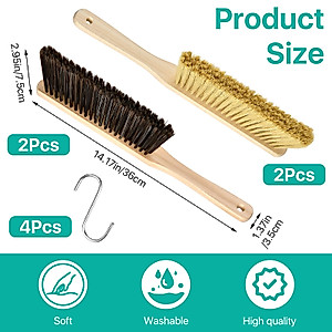 Boocalny 4 Pieces Hand Broom Brush, Wooden Dust Brush, Hand Broom Bench Brush with Hanger, Soft Bristle Cleaning Brush for Counter Bed Sofa Car Fireplace Clothes Household Cleaning (Brown, Khaki)