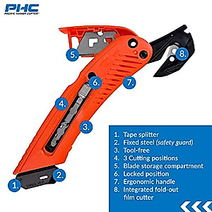 Pacific Handy Cutter S5L Safety Cutter, Left Handed Retractable Utility Knife, Ergonomic Film Cutter, Bladeless Tape Splitter, Steel Guard, Safety, Damage Protection, Warehouse & In-Store Cutting, Red, 1 EA