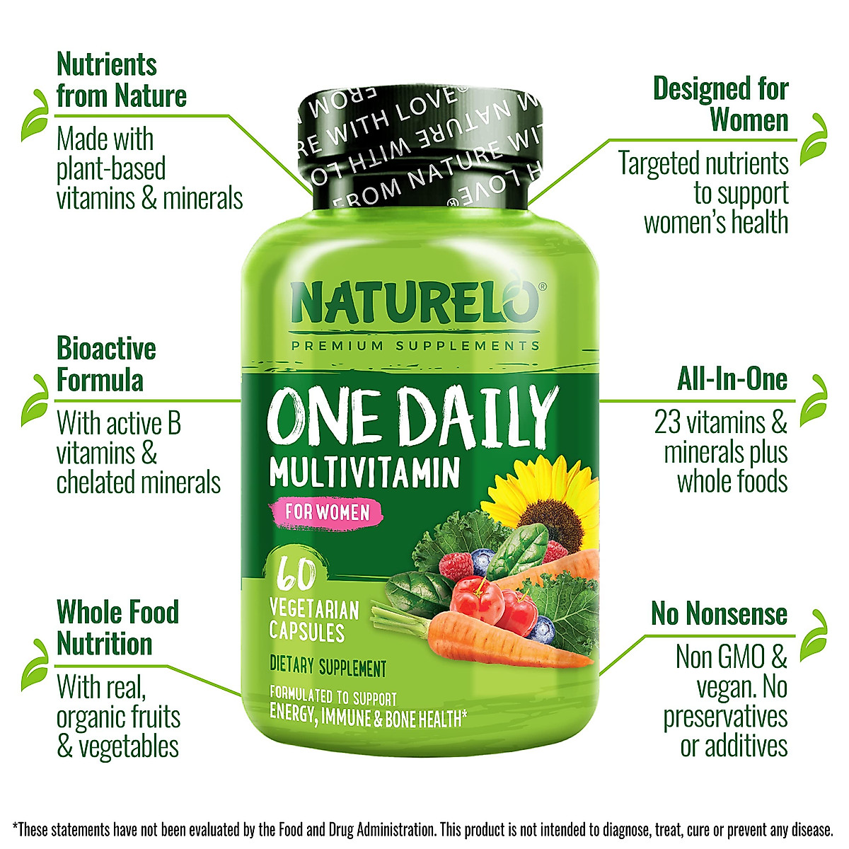 NATURELO One Daily Multivitamin for Women - Energy Support - Whole Food Supplement to Nourish Hair, Skin, Nails - Non-GMO - No Soy - Gluten Free - 120 Capsules - 4 Month Supply