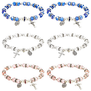Coloch 6 Pack Women's Bead Stretch Rosary Bracelet, Crystal Cross Bracelet Catholic Bracelets with Crucifix and Miraculous Medal for Girl, Women, Birthday, Anniversary, Valentine's Day, White, faux