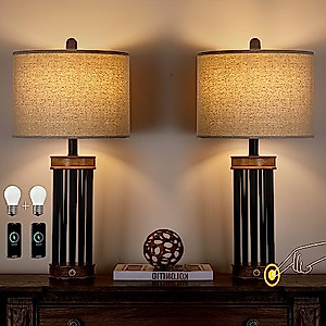 G-SAFAVA 24" USB A+C 3-Way Dimmable Touch Control Industrial Table Lamp Set of 2 for Living Room Nightstand Beside Lamps for Bedroom(Include Two Bulbs)