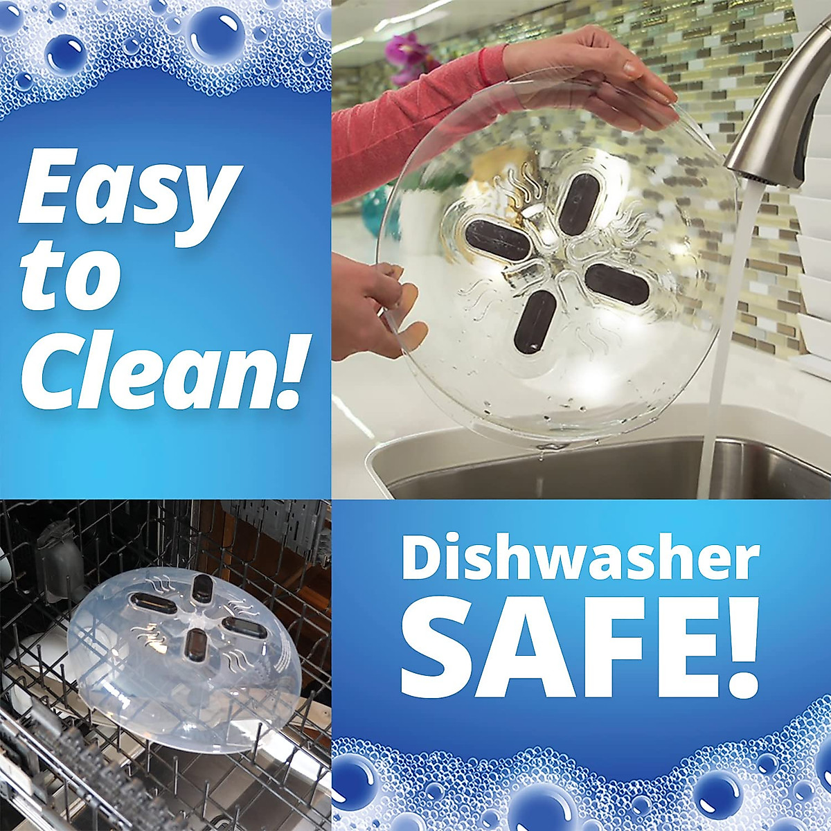 Hover Cover Magnetic Splatter Cover, 12-Inch Clear BPA-Free Food Lid, Vented Plate Guard with Steam Vents, Anti-Splash Microwave Lid, Dishwasher Safe, Space-Saving Magnetic Storage - Black 2 Pack