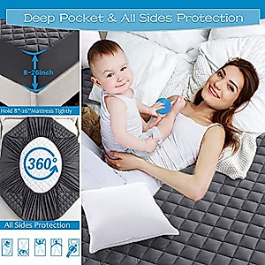 GRT Cal King Size Grey Quilted Fitted Mattress Pad, 100% Waterproof Breathable Mattress Protector, Noiseless Hollow Cotton Mattress Topper, Fitted 8"-26" Deep, Dust Proof