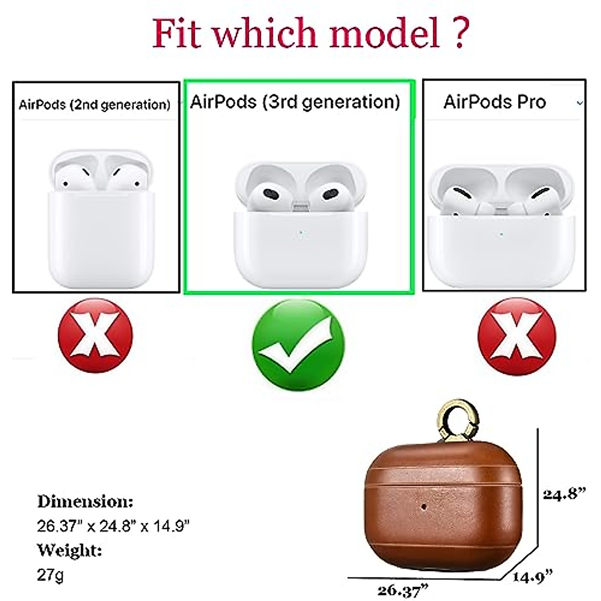 for AirPod 3 Case Leather, Genuine Leather Protective Airpod 3 Generation Case Cover Shockproof with Loss Prevention Clip for Apple AirPods 3 Wireless Charging Case for airpods