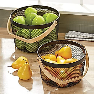 mDesign Farmhouse Metal Storage Organizer Basket Bin with Wood Handles - for Bathroom, Office, Entryway, Closet, Cabinet, Bedroom, Laundry Room, Nursery, Kids Toy Room, Set of 2 - Black