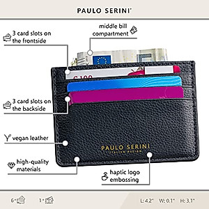 PAULO SERINI® Card Holder for Men & Women - Card Case Unisex with 6 Card Slots & Compartment for Bills - Slim Wallet vegan leather - Onyx Black