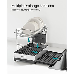 SONGMICS 2-Tier Small Dish Drying Rack, Expandable Dish Dryer for Kitchen Counter, Stainless Steel Dish Rack with Utensil Holder, Rustproof, for Dishes, Knives, Spoons, Forks, Silver Gray UKCS036G01