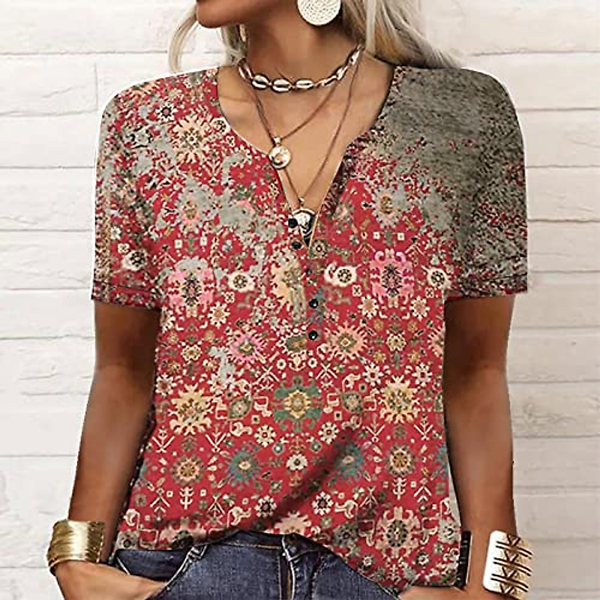 Henley Shirts for Women Summer Floral Print Tunic Womens Western Tops Short Sleeve Long Sleeve v Neck Shirts for Women Comfy Spring Blouses Boho