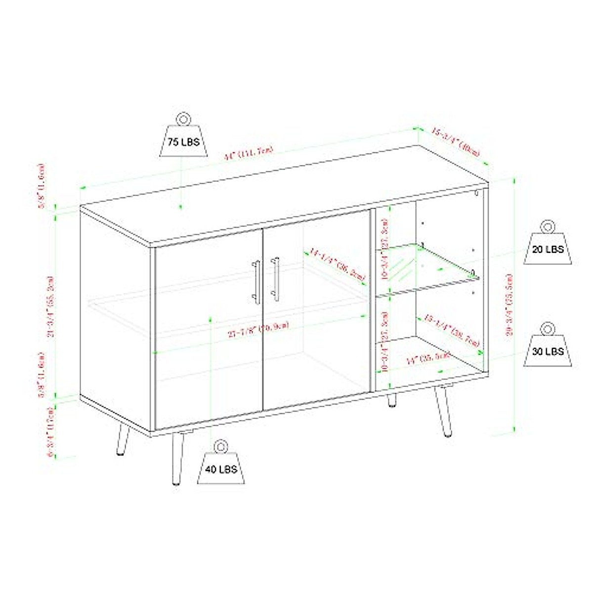 Walker Edison Theo Mid Century Modern 2 Door Asymmetrical Glass Shelf Buffet, 44 Inch, Birch