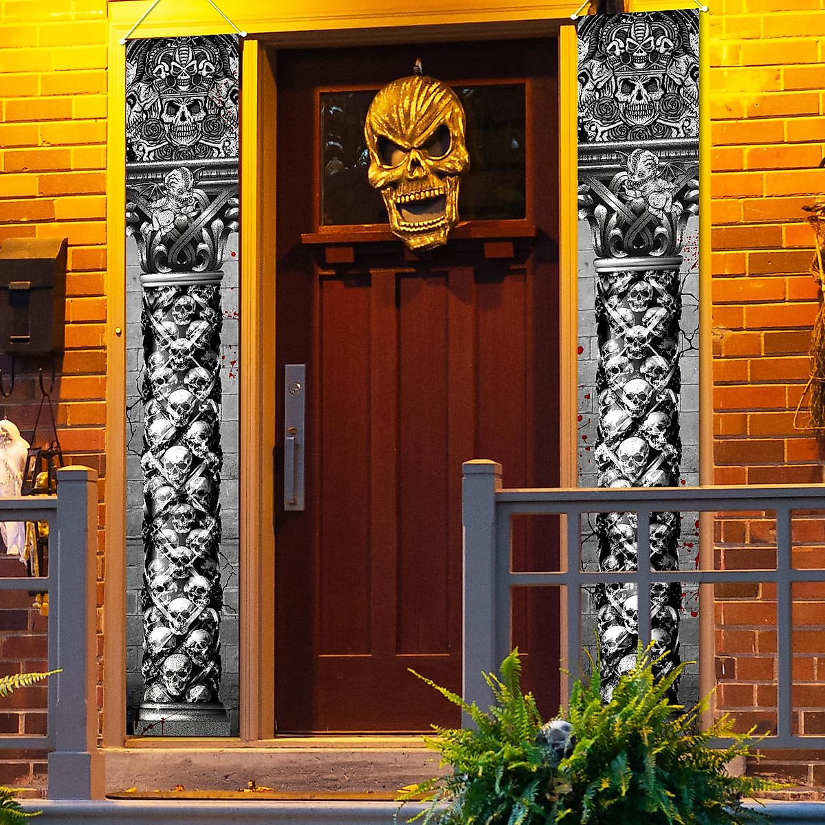 Halloween Gothic Mansion Banners Halloween Skull Hanging Porch Sign with Welcome Foolish Mortals Banner Spooky Halloween Pillar Sign Home Indoor Outdoor Party Supplie