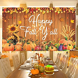 Happy Fall Party Decorations Banner, Happy Fall Y'all Banner Backdrop Thanksgiving Autumn Harvest Banner, Fall Maple Leaves Pumpkin Thanksgiving Day Autumn Party Banner for Home Outdoor Yard Decor