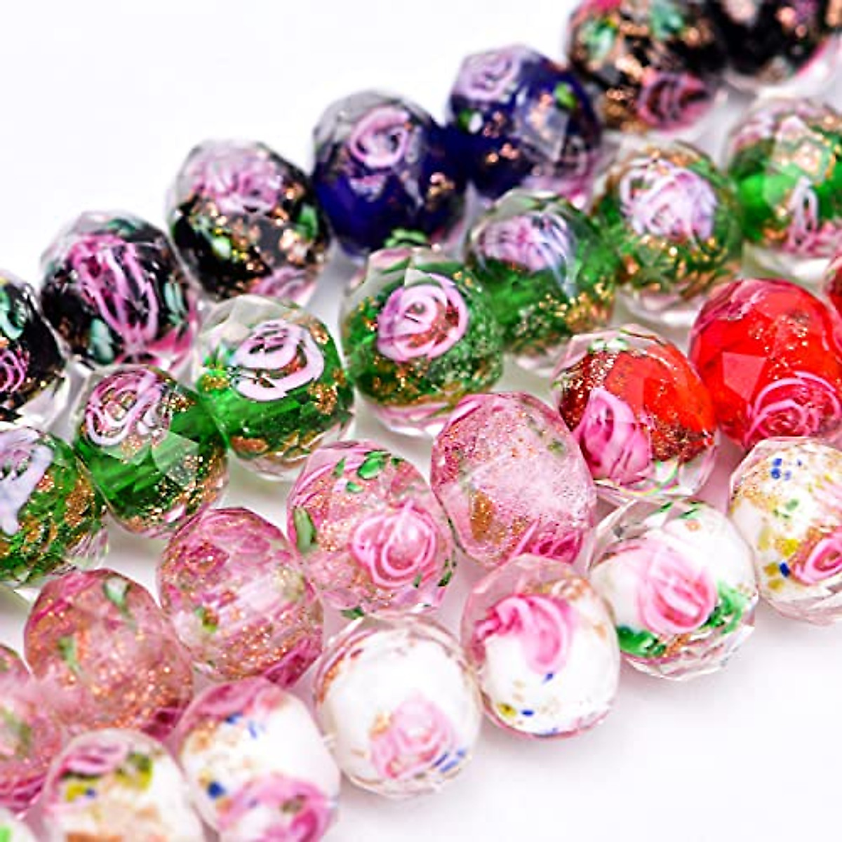 80pcs Flower Glass Beads for Jewelry/Bracelets/Crafts/Necklace Making,Gold Sand Lampwork Beads Cute Crystal Beads Sea Glass Seed Boho Beads for Rosary Crafts Handmade (10mm Mixed Color)