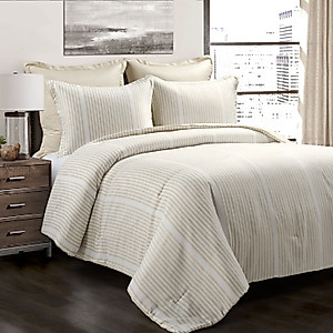 Lush Decor Farmhouse Drew Stripe Silver-Infused 5 Piece Comforter Set, Full/Queen, Neutral