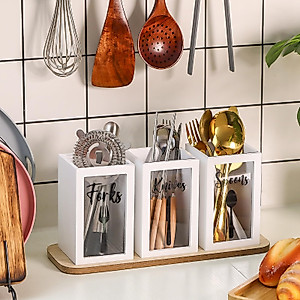 Gejoy Clear Acrylic Silverware Caddy Utensil Holder for Countertop Silverware Organizer with Wood Tray Spoon and Fork Holder Cutlery Silverware Holder Utensil Caddy Flatware Organizers (White)