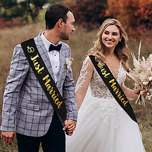Just Married Sash - 2 Piece Gold Bride and Groom Sash Set | Wedding Party Decorations Bridal Shower Engaged Decor Bachelorette Favors Supplies Gift Decor Bachelor Accessories Engagement Gifts Ribbon