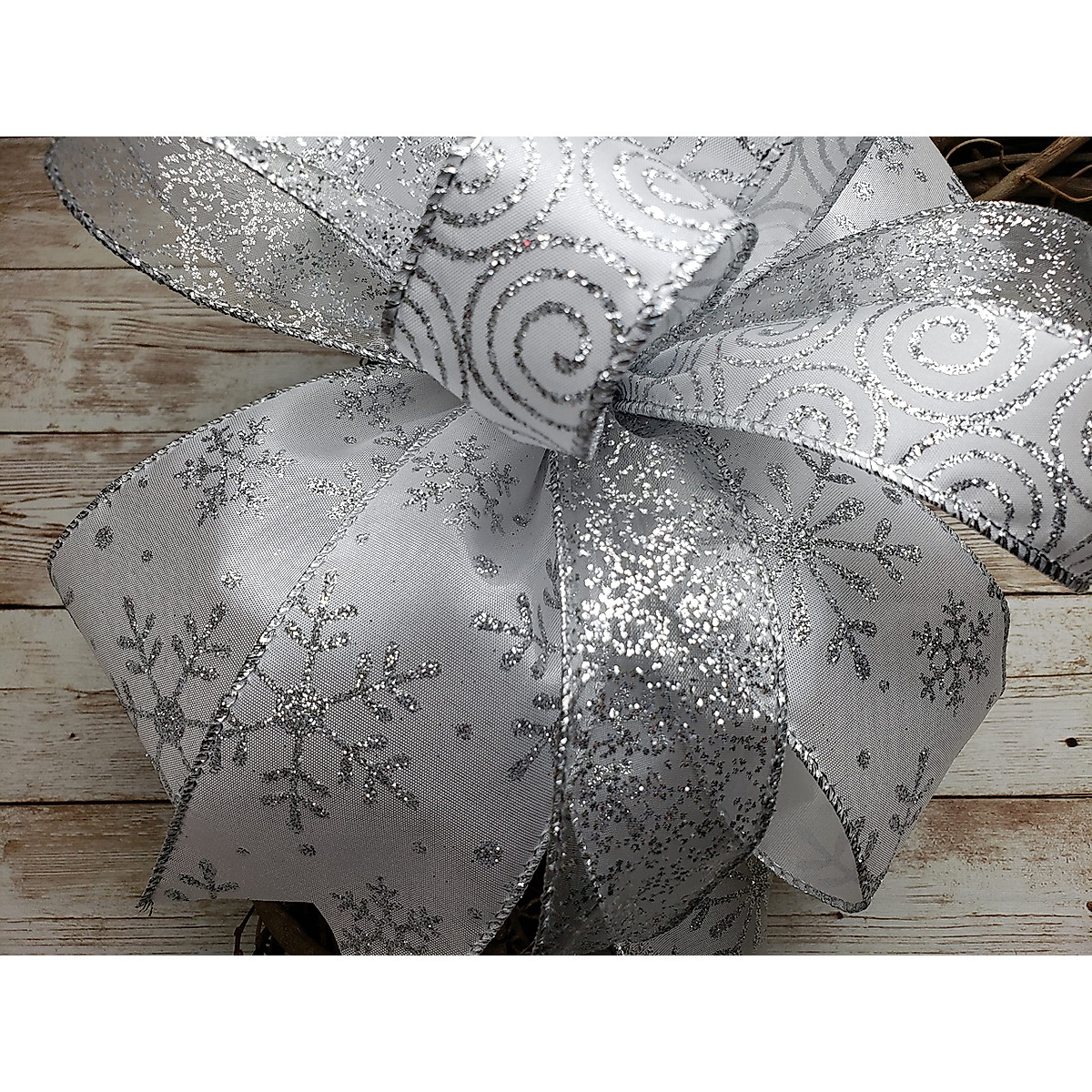 Christmas Winter Silver White Snowflake Bow for Wreath 10 inches