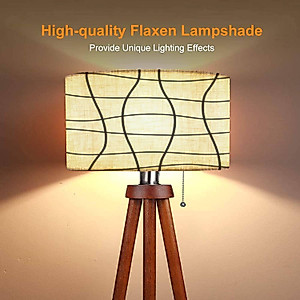 Wood Tripod Floor Lamp Abstract Seamless Black Curved Lines a White Image Modern Standing Lamp Linen Lampshade Dimmable Tall Lamp Mid Century Floor Lamp for Living Room Bedroom