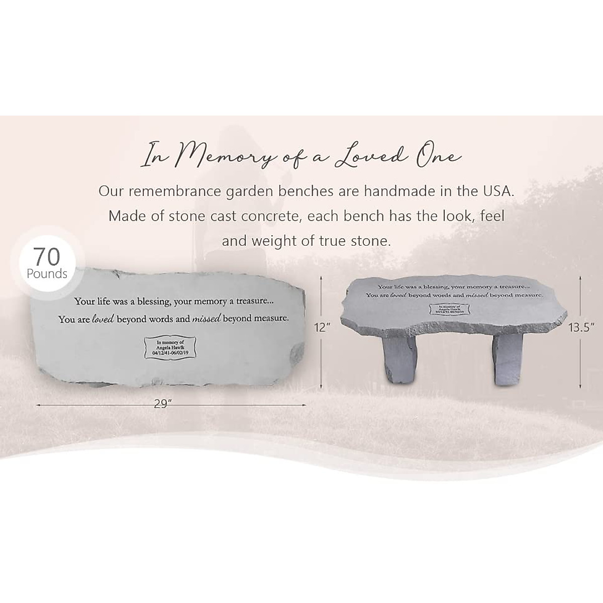 The Comfort Company Garden Memorial Bench, Personalized, Concrete, Engraved, Cast Stone, Outdoor, Weatherproof, Year-Round, Cement, Sympathy, Grieving, Loss, Loved One, USA Made