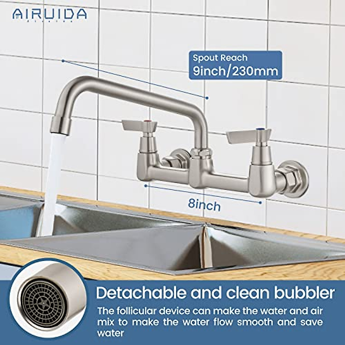 Airuida Brushed Nickel Wall Mount Commercial Kitchen Faucet Wall Mounted Kitchen Sink Faucet 8 Inches Center 8 Inches Swivel Spout Utility Sink Faucets 2 Handle Restaurant Laundry Tap