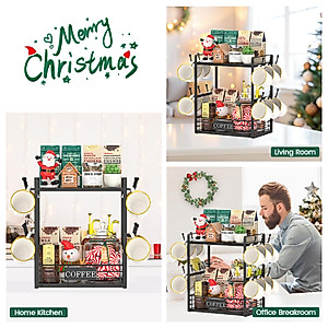 EsLuker.ly 2 Tier Coffee Bar Organizer Countertop Station Shelf for Home Office, Multi-functional Coffee Mug Cup Holder Stand, Accessory Storage Rack with 12 Hooks, Space-Saving Coffee Nook Enhancer