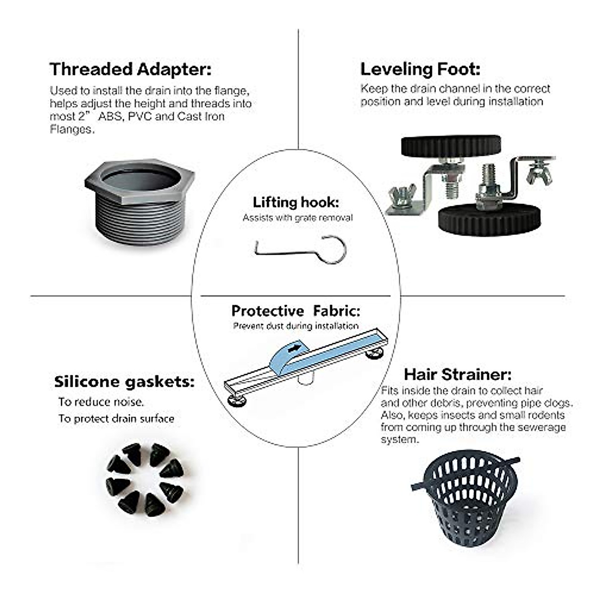 Neodrain Professional Black 24-Inch Linear Shower Drain Manufacturer with Removable Capsule Pattern Grate, 304 Stainless Steel Rectangle Shower Floor Drain- Adjustable Leveling Feet,Hair Strainer