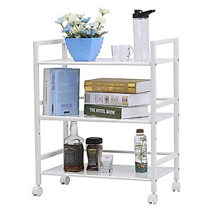 3-Tier Metal Storage Rack with Wheels - Heavy Duty Shelving Unit with Hooks - Microwave Stand Kitchen Rolling Cart - Garage Storage Rack - Multipurpose Utility Cart for Home Office Use - Ivory White