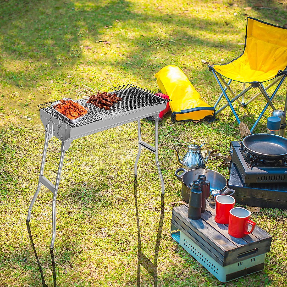 Charcoal Grill, Barbecue Grill Stainless Steel BBQ Smoker Barbecue Folding Portable Charcoal Grills for Garden Backyard Party Picnic Travel Home Outdoor Cooking Use (B)