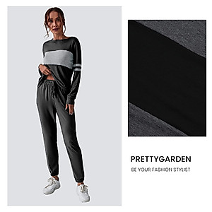 PRETTYGARDEN Women's Color Block 2 Piece Tracksuit Crewneck Long Sleeve Tops Long Sweatpants Outfits Lounge Sets(Dark Grey,Medium)