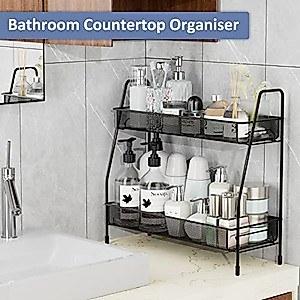 EKNITEY Spice Rack Organizer for Countertop, 2 Tier Bathroom Shelf, Desktop Makeup Organizer, Small Storage Rack for Kitchen, Bath Room, Bedroom and Office (Black)