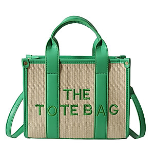 JQAliMOVV The Tote Bag for Women, Straw Tote Bag with Zipper Woven Beach Bag Top Handle Straw Handbag Purses for Travel (Dark Green)