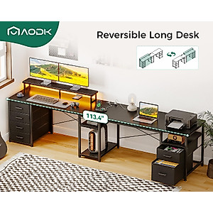AODK 66" L Shaped Computer Desk, 113“ Reversible Home Office Desk with File Cabinet & 4 Fabric Drawers, Two Person Desk with LED Lights & Power Outlet, Corner Gaming Desk with Monitor Shelf, Black