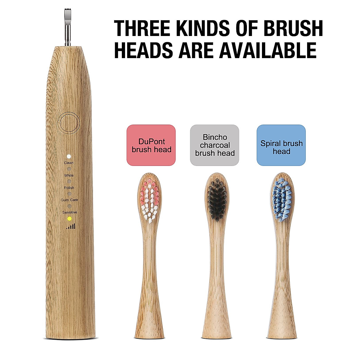 Electric Bamboo Toothbrush, Sonic Toothbrush IPX8 Waterproof, 2 Minute Timer, 3 Rechargeable and Replaceable Bamboo Toothbrush Head