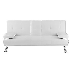 Futon Sofa Bed, Faux Leather Futon Couch with Armrest and 2 Cupholders, Pull Out Sofa Bed Couch Convertible with Metal Legs, Folding, Reclining Small Couch Bed, Futon Bed for Living Room - White