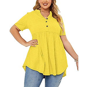 PLOKNRD Women's Plus Size Tops Short Sleeve Henley V Neck Button Up Flowy T Shirts Tunic Loose Blouses Yellow