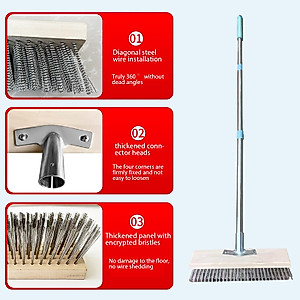 Stainless Steel Wire Broom Deck Scrub Brush with Long Handle, Stiff Metal Bristle Brush, Heavy Duty Floor Brush for Outdoor Patio Deck Garden