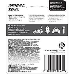 Rayovac Rechargeable AAA Batteries, Rechargeable Triple A Batteries (4 Count)