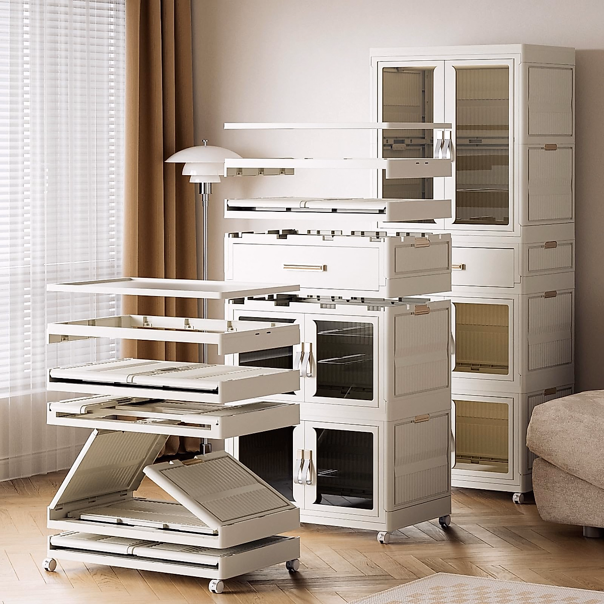 JH Spracely 470L Storage Bins with Lid,Stackable Storage Bins,4-Pack Stackable Storage bin for Closet, Collapsible Closet Organizer with Wheels,Easy to Clean&Assemble