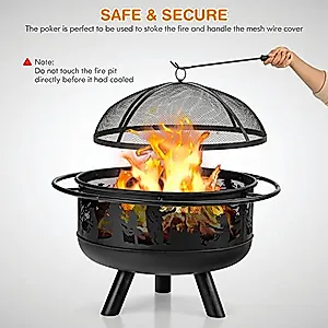Giantex Round Fire Pit, 30 Inch Outdoor Wood Burning Fire Bowl with Fire Poker & Cooking Grill Grid, Spark Screen Cover, Heavy-Duty Metal Firepit for Patio Barbecue Camping Bonfire Party (Black)