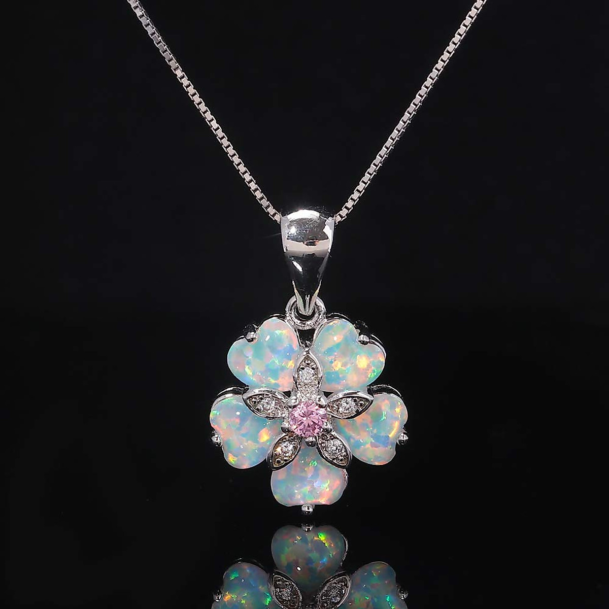 CiNily Flower Opal Pendant Necklace Box Chain 18K White Gold Plated Pink Topaz Zircon Opal Jewelry for Women, Gemstone Necklaces Lovers Birthday Friendship Jewelry