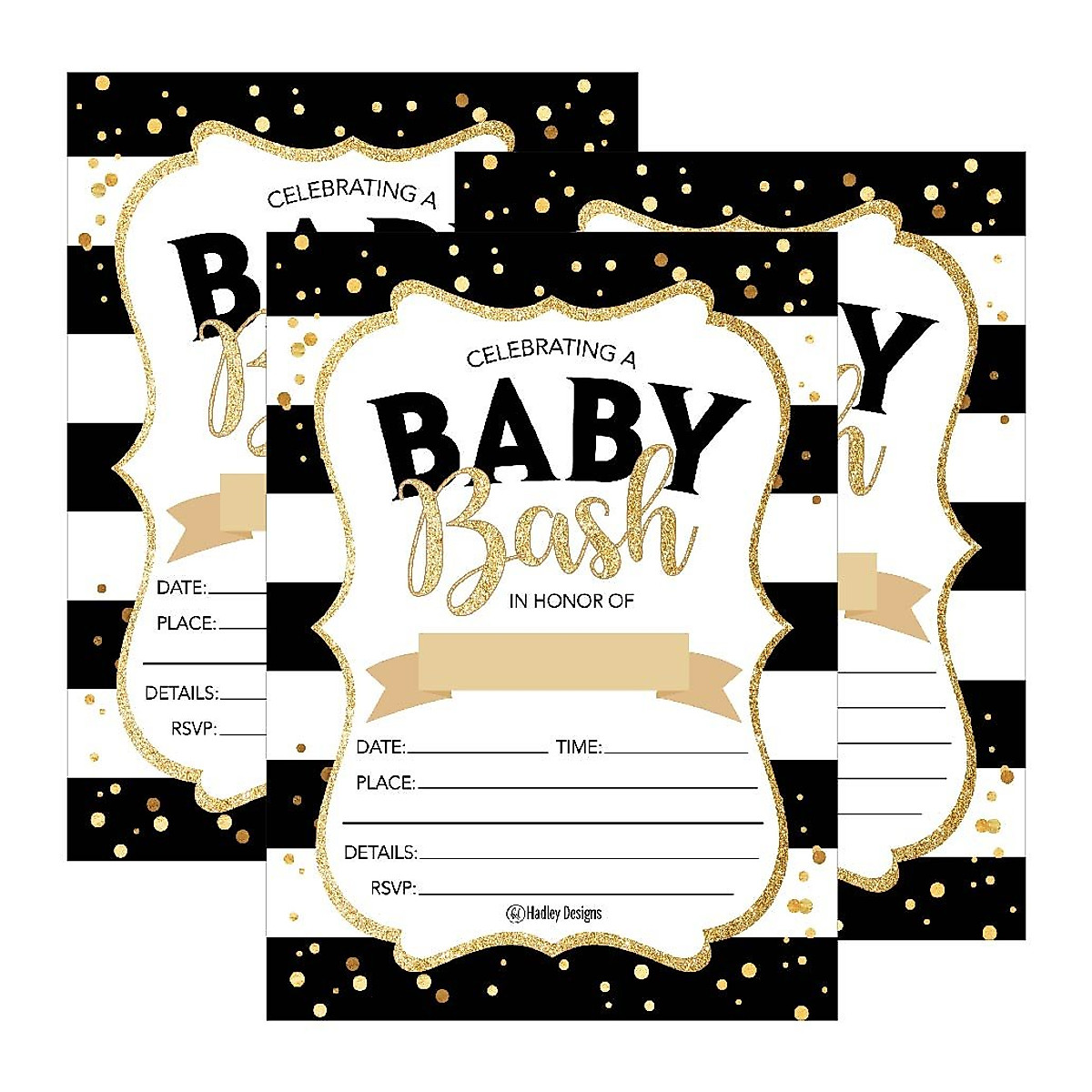 Hadley Designs - Black Gold Bash Baby Shower Invitations, Printable Shabby Chic Unique Custom Vintage Coed Twin Sprinkle Party Card Stock Paper Supplies - 25 Set