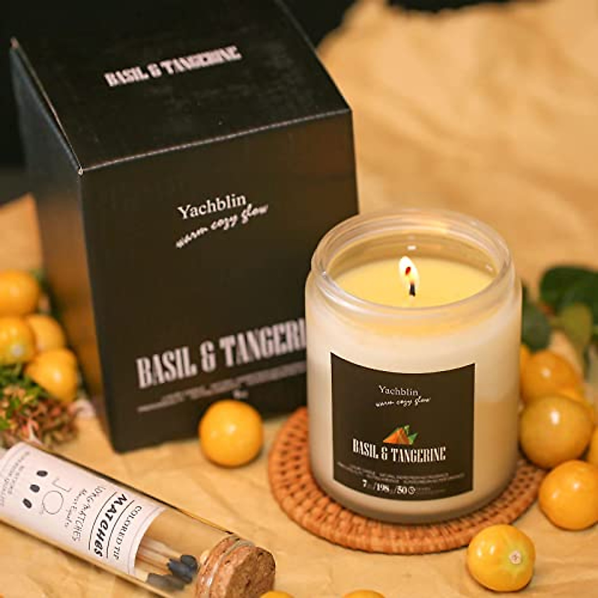 Yachblin Basil&Tangerine Scented Candles 100% Soy Wax, All Natural Candles for Home Scented, Aromatherapy Candles Gift Set for Women, Glass Fragrance Hand Poured Jar Candle, 50 Hour Burn, 7 Oz