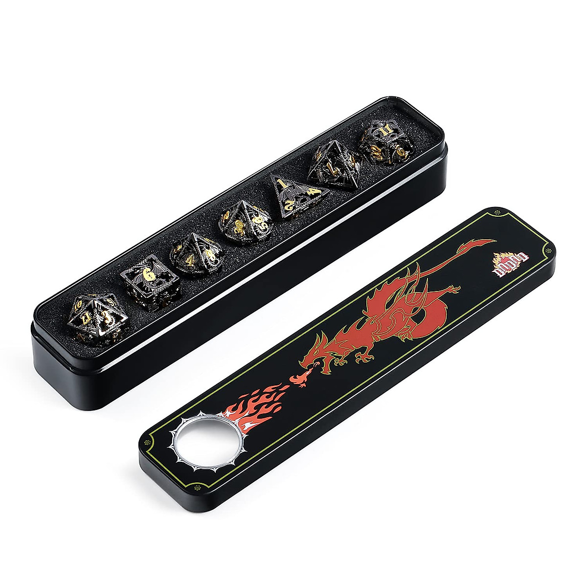 Dragon Hollow Metal DND Dice Set, DNDND 7 D&D Die Set with Metal Gift Tin for Dungeons & Dragon Game (Black with Gold Number)