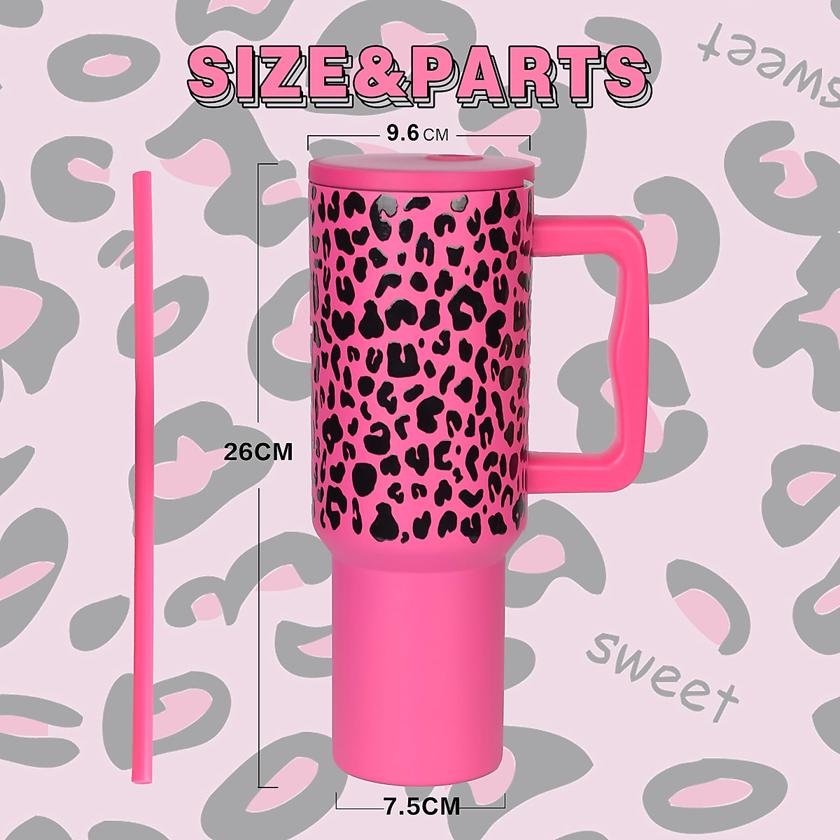 ZHIDENGWJ Stainless Steel Vacuum Insulated Tumbler with Lid and Straw for Water, Iced Tea or Coffee(Rose Red Leopard Print)